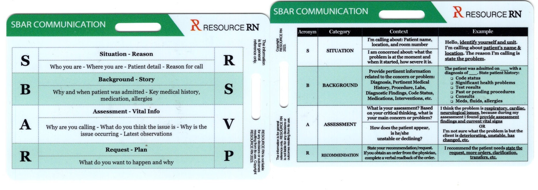 Sbar/rsvp Communication Reference Card for RN, PA, EMT, Horizontal and ...