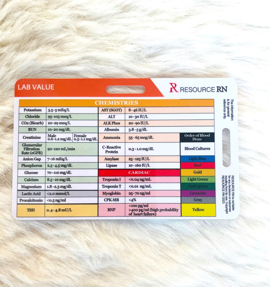 Lab Value and Order of Blood Draw Badge Card for RN, EMT, Phlebotomist ...