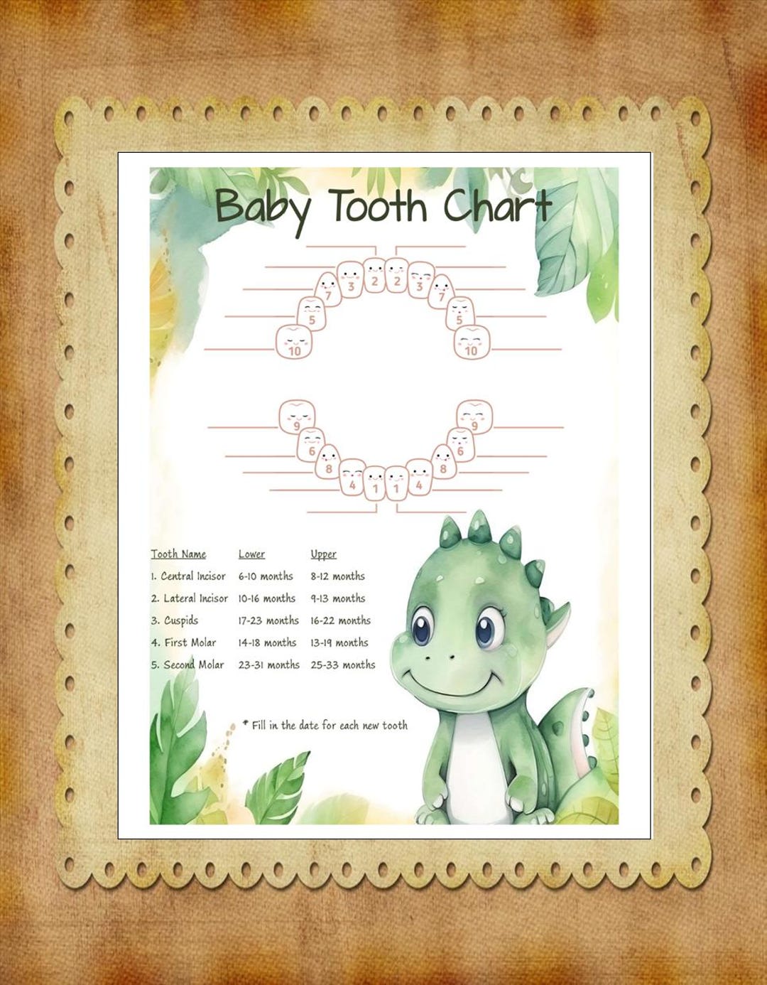 Dinosaur Baby Tooth Chart Printable Tooth Tracker for Baby Milestones ...