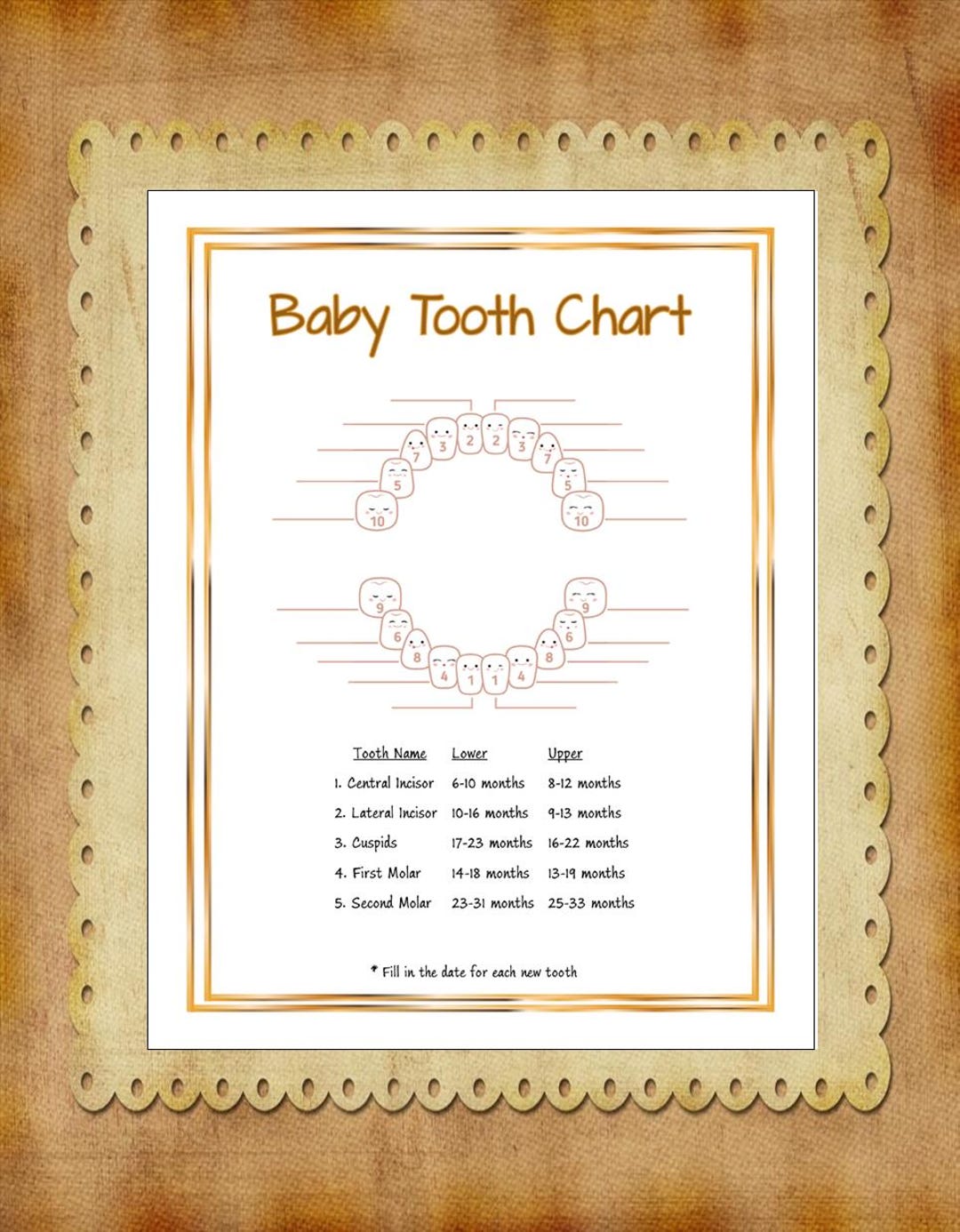 Gold Border Baby Tooth Chart Printable Baby Milestone Tracker - Etsy