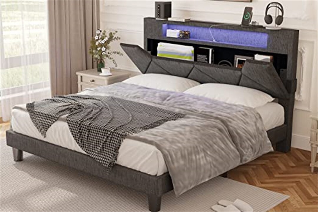ANCTOR Queen Bed Frame With Storage Headboard and Charging - Etsy ANCTOR Queen Bed Frame With Storage Headboard and Charging - Etsy