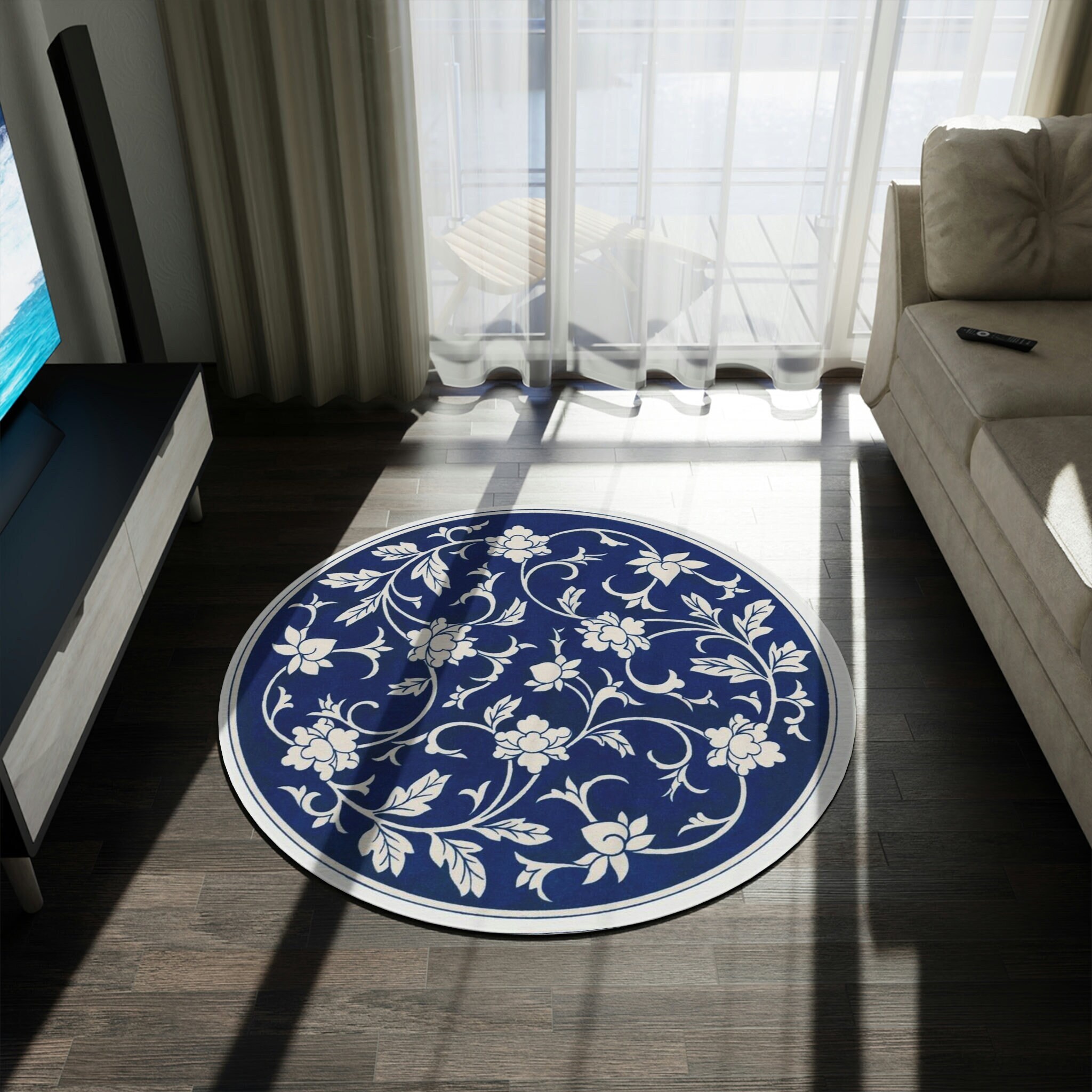 Floral Round Rug, Floral Circle Rug, Round Blue Floral Area Rug ...