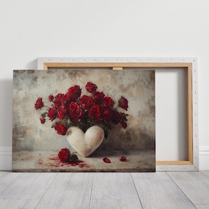 Romantic Red Roses in Heart Vase Canvas Wall Art - Elegant Floral ...
