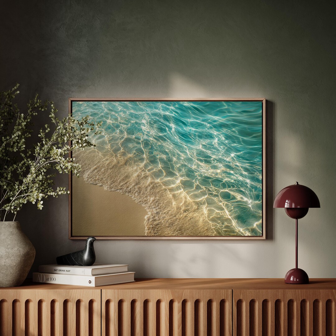 Golden Shoreline Wave Canvas | Sparkling Sunlit Water on Sandy Beach ...