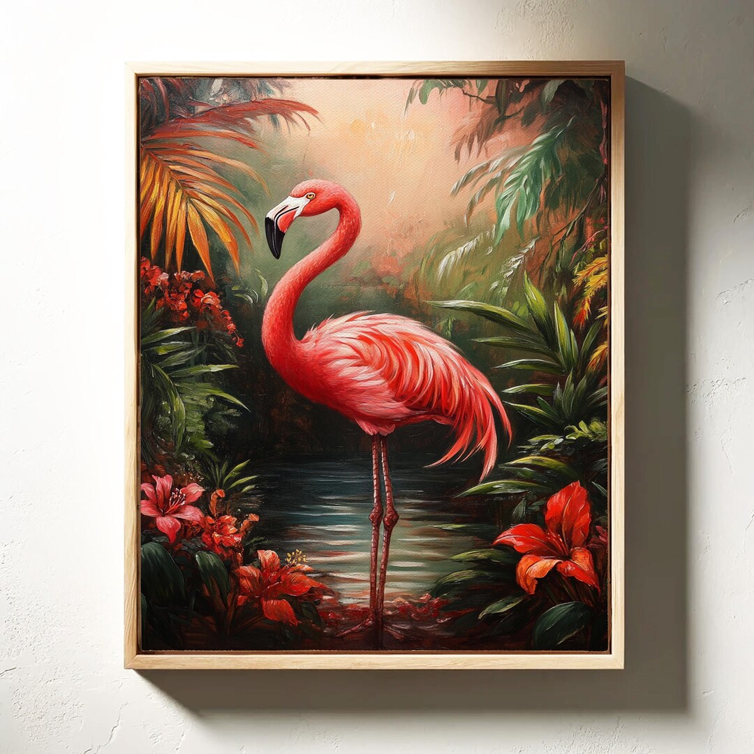 Elegant Flamingo in Tropical Jungle Canvas Art | Vibrant Pink Bird With ...
