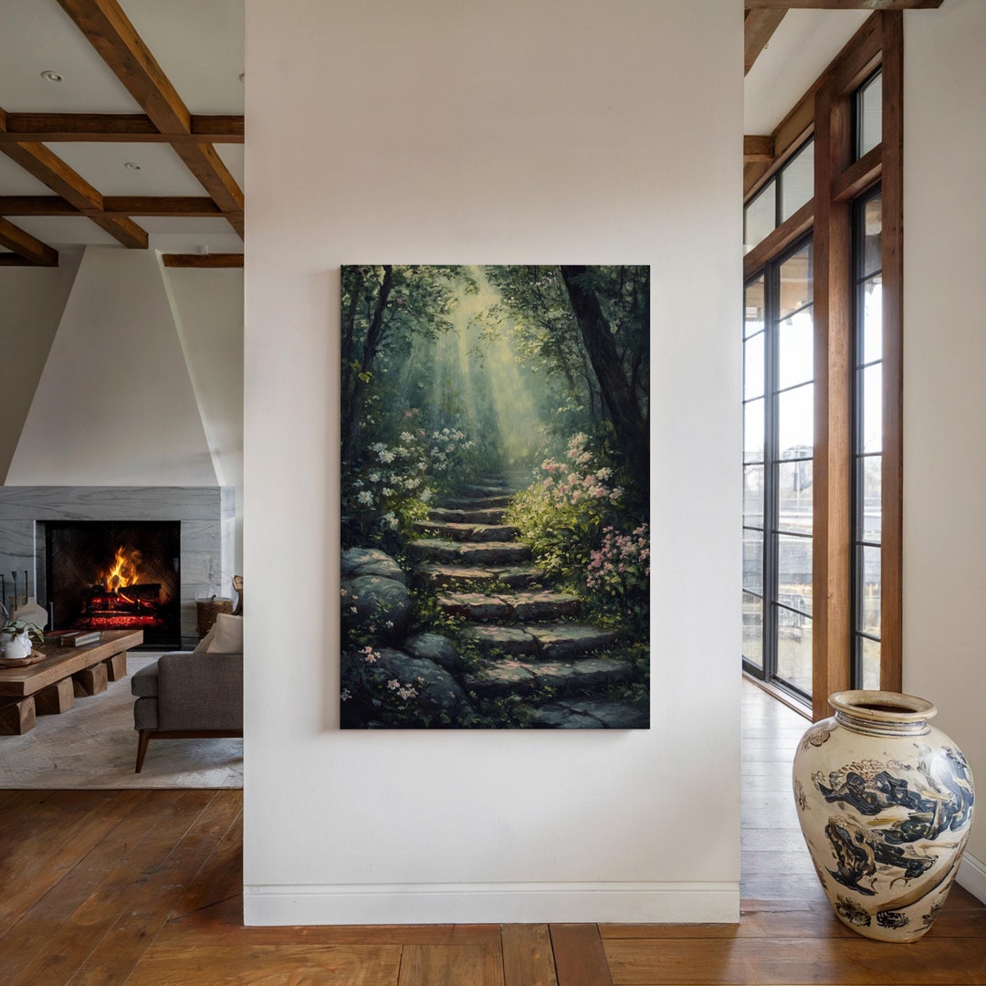 Enchanted Forest Path Wall Art – Serene Stone Steps With Blossoms and Sunlight Canvas Print for ...