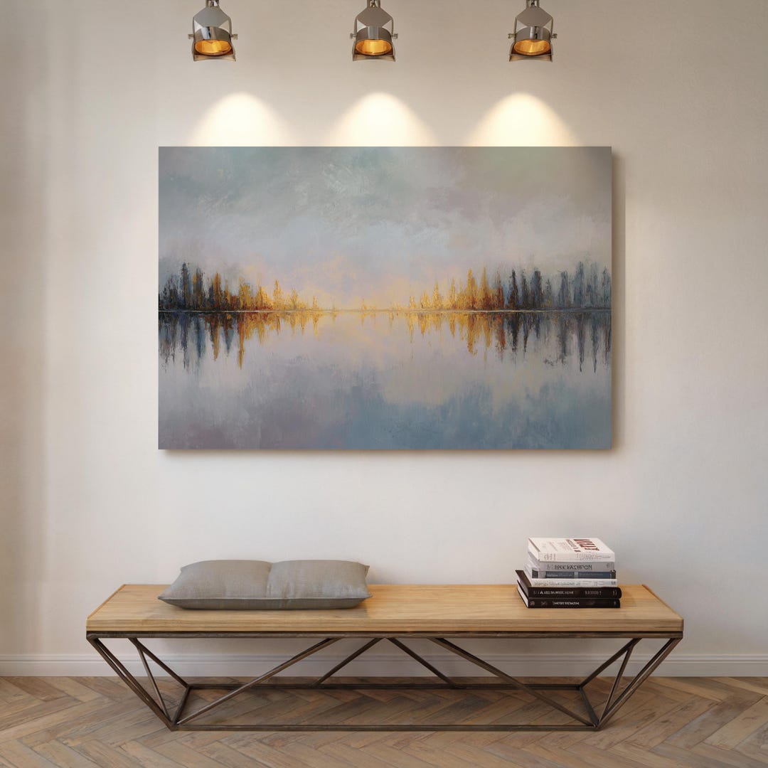 Abstract Lake Sunrise Canvas Wall Art, Golden Trees Reflection Painting ...