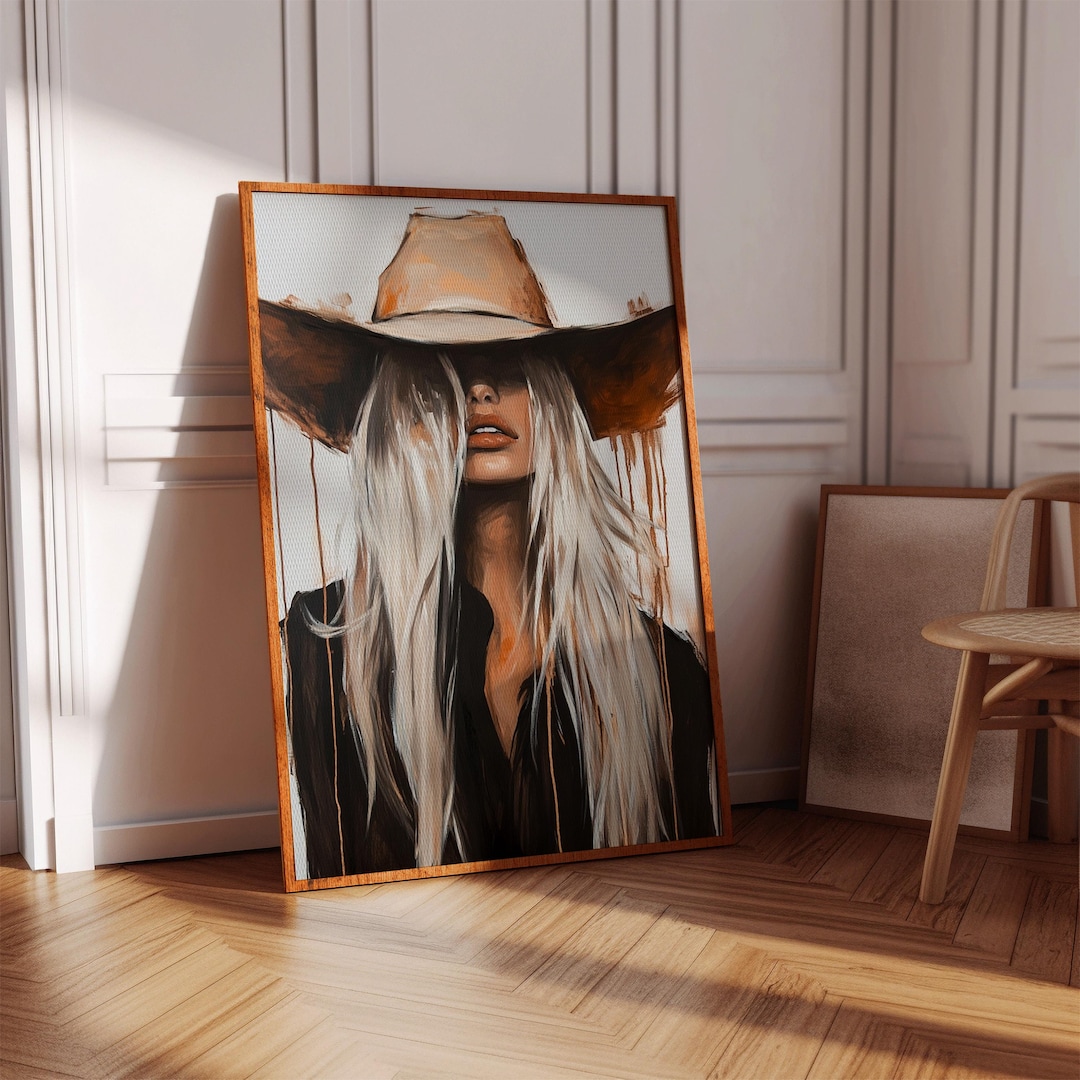 Blonde Cowgirl Canvas Wall Art - Western Drip Painting of Woman in Hat ...