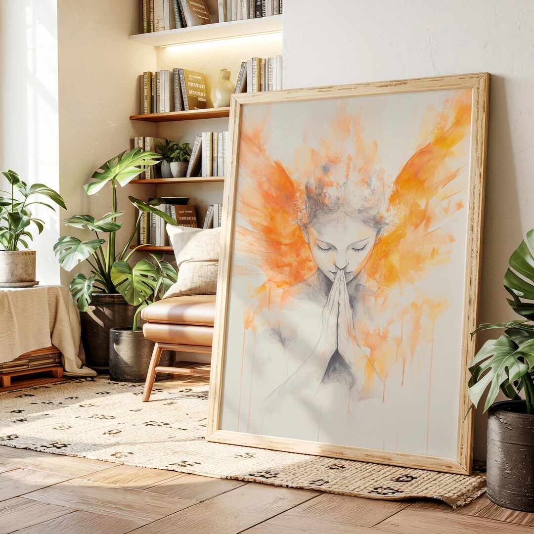 Lienzo de ángel rezando en acuarela, arte de pared, impresión cristiana ...