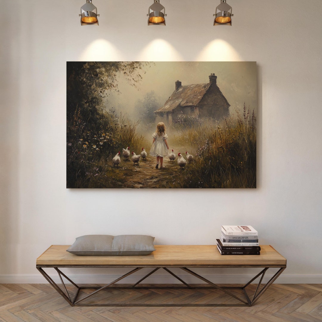 Rustic Cottage Girl With Chickens Canvas Art - Vintage Farmhouse ...