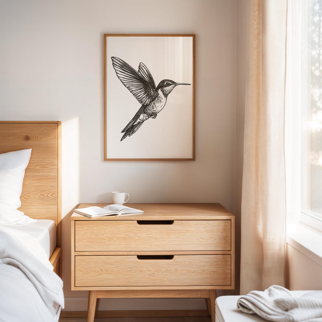 Vintage Hummingbird Ink Drawing Canvas Wall Art – Monochrome Bird ...