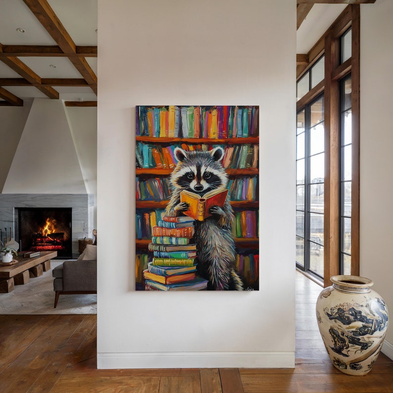 Whimsical Reading Raccoon Canvas | Library Book Lover Wall Art ...