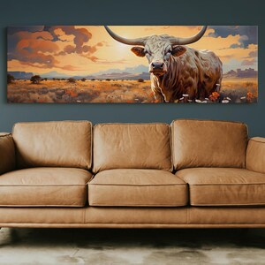 Longhorn Steer Panoramic Canvas Wall Art, Southwestern Wall Art, Cow ...