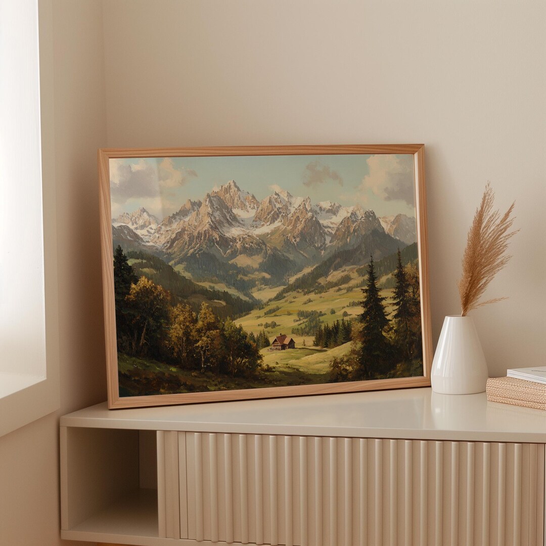 Rustic Mountain Cabin Canvas, Alpine Valley Wall Art, Vintage Landscape ...