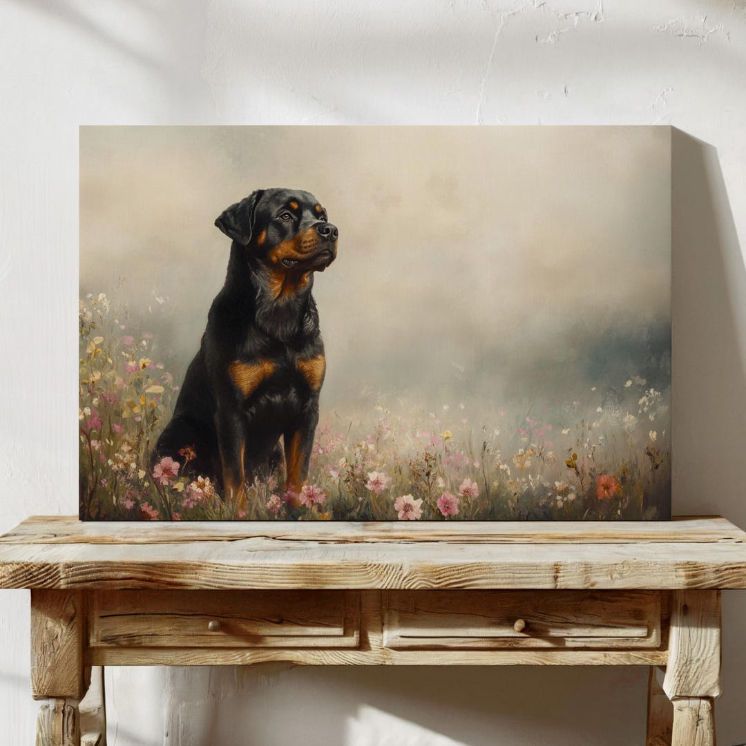 Majestic Rottweiler in Flower Meadow Canvas Wall Art - Dog Lover's ...