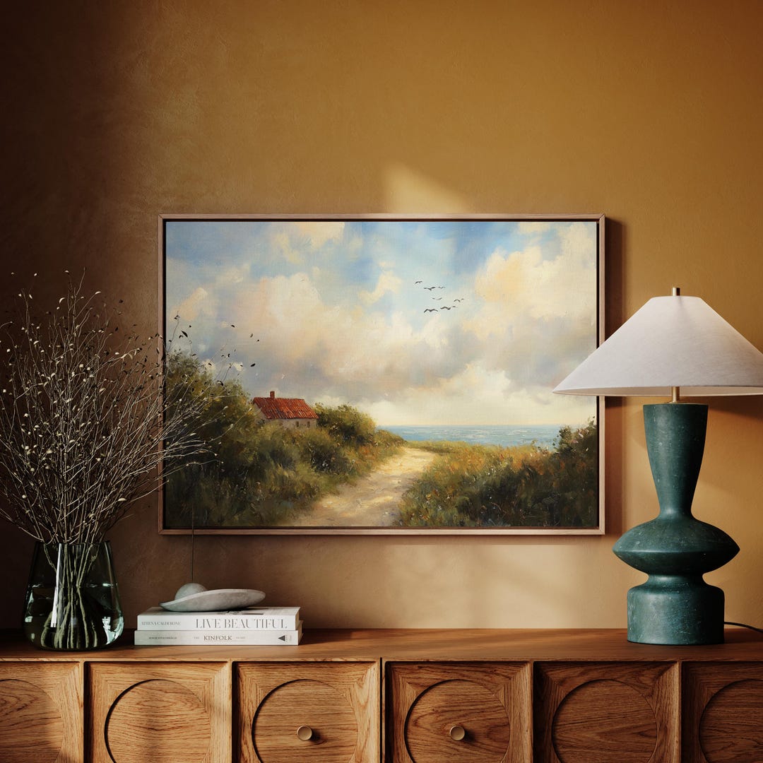 Rustic Seaside Cottage Canvas Wall Art | Coastal Path & Ocean Horizon ...