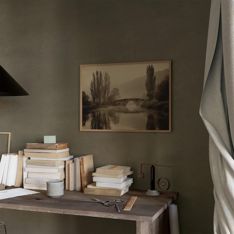 Sepia River Bridge in Misty Countryside - Etsy