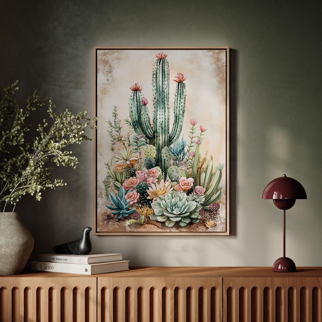Cactus Garden Wall Art Print | Succulent and Blush Rose Floral Canvas ...