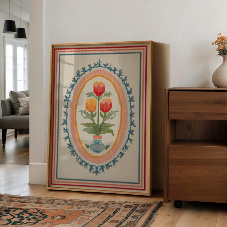 Cross-stitch Tulips in Oval Frame - Etsy
