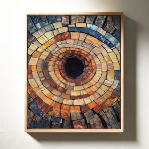 Framed Mosaic Tree Ring Art - Earthy Orange and Blue Wood Decor -rustic ...