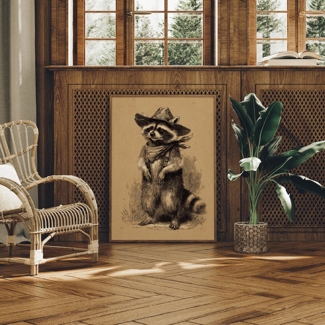 Cowboy Raccoon Wall Art Vintage Western Sketch Canvas, Cute Animal ...