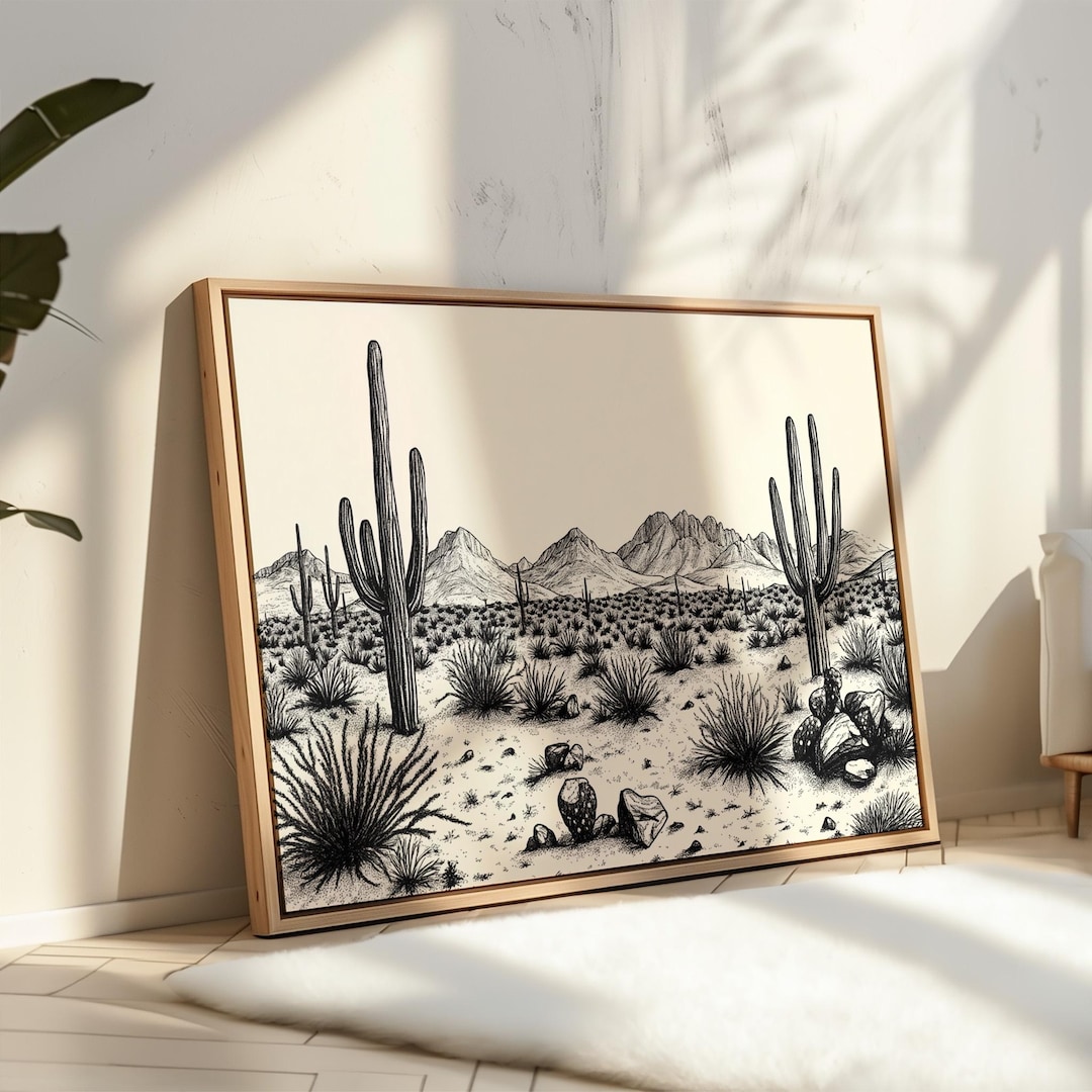 Southwest Desert Ink Drawing, Black and White Cactus Art, Mountain ...