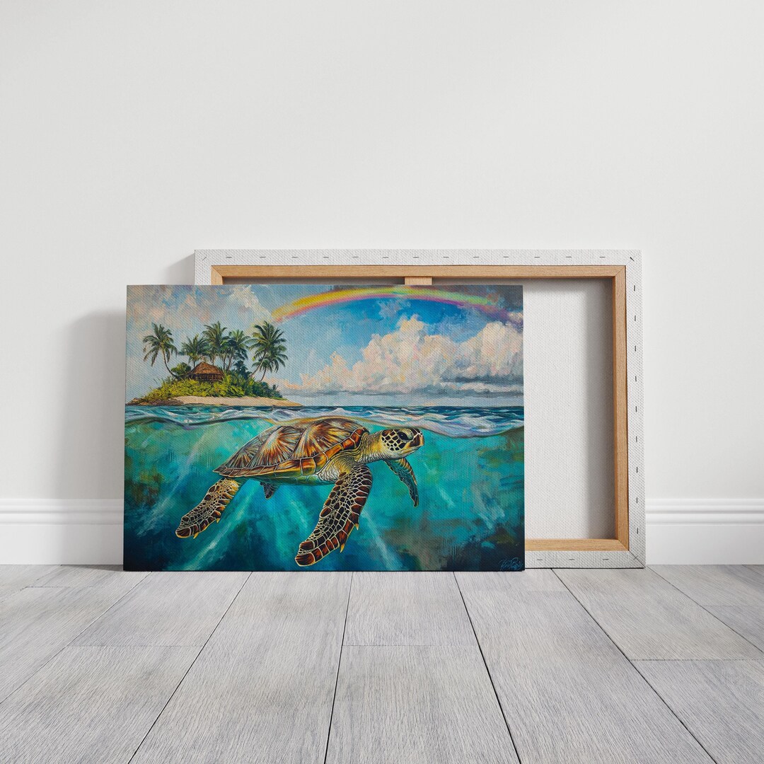 Tropical Sea Turtle Ocean Art - Vibrant Island Paradise With Rainbow ...