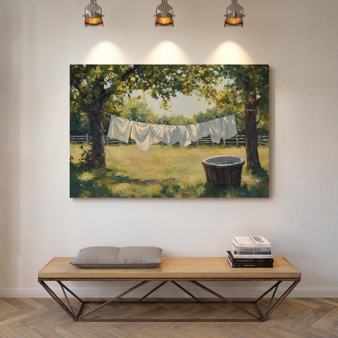 Country Clothesline Canvas Art | Vintage Oil Painting of Laundry Drying ...
