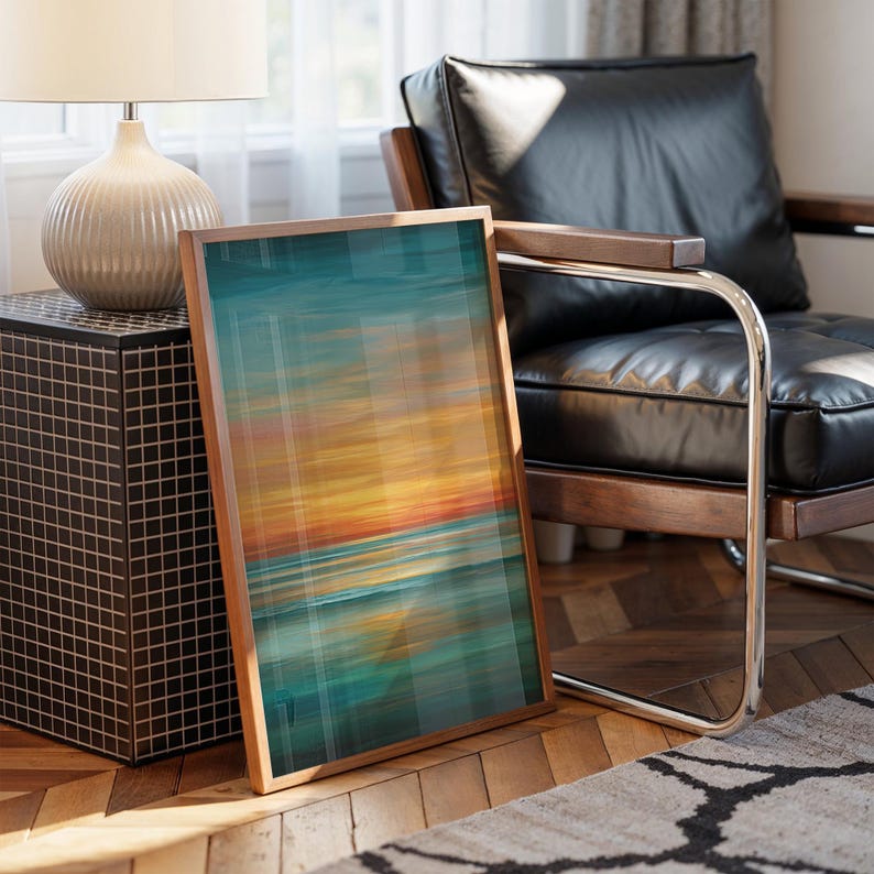 Abstract Ocean Sunset Canvas Wall Art | Colorful Coastal Seascape ...