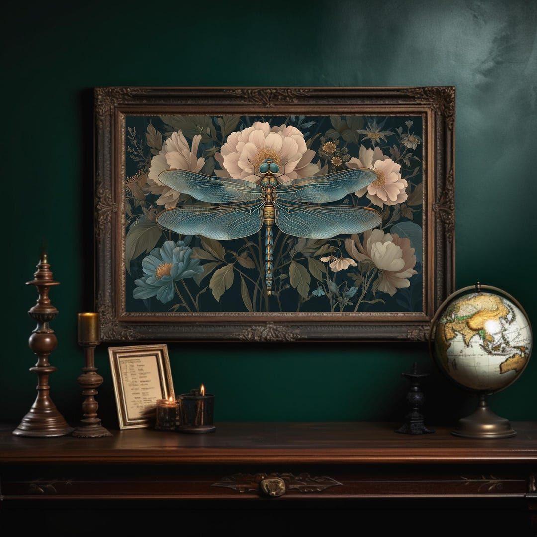 Blue Dragonfly With Golden Accents Over Vintage Florals - Etsy