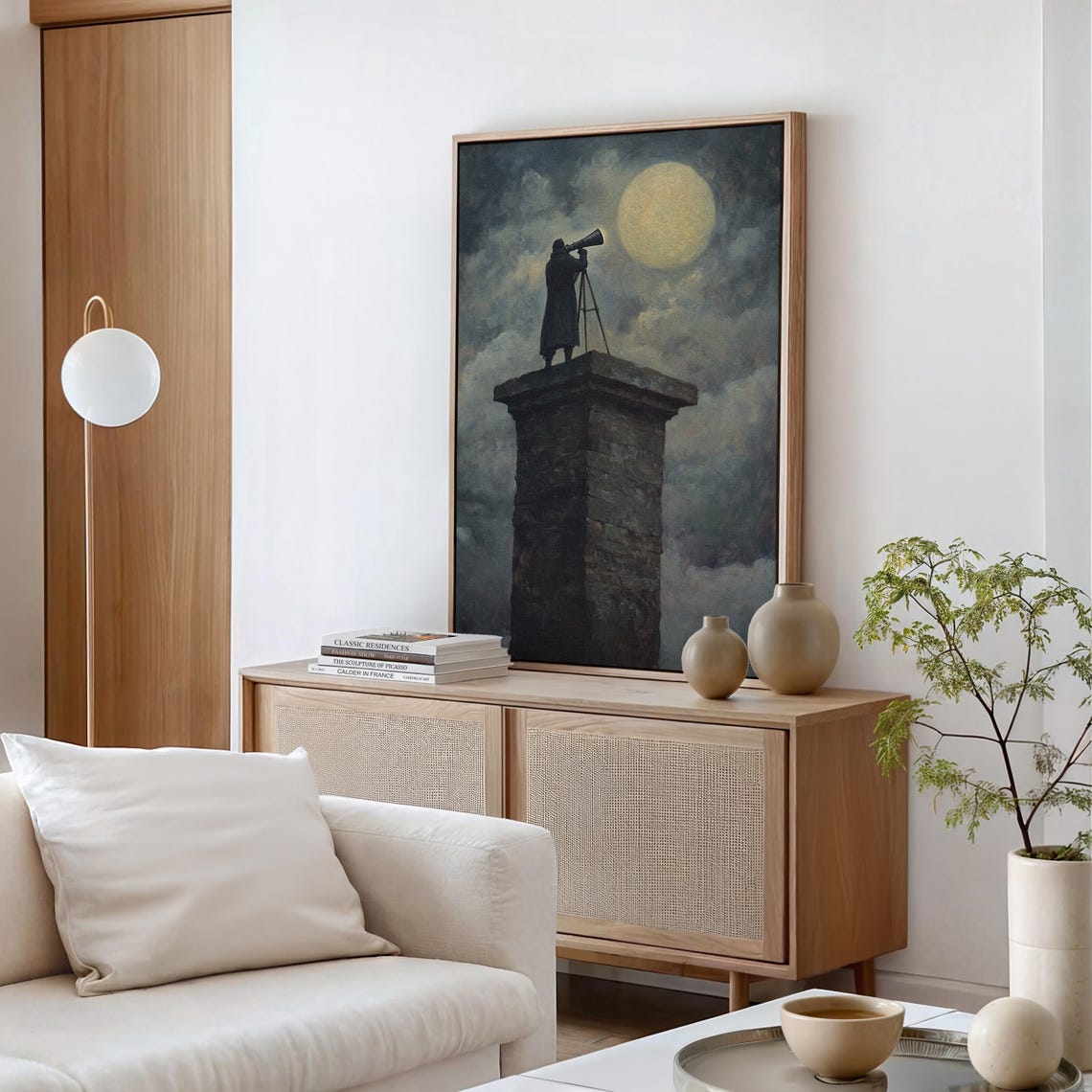 Man Observing Full Moon Canvas Wall Art - Dramatic Night Sky Scene With ...