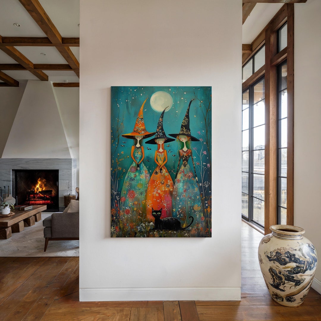 Whimsical Witch Trio Under Full Moon - Vibrant Halloween Canvas Art ...