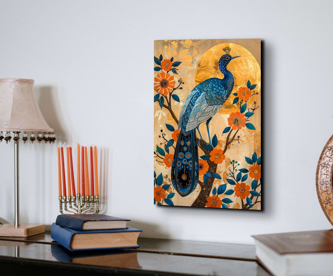 Peacock Canvas Wall Art Print, Vertical Peacock Wall Art, Folk Art ...
