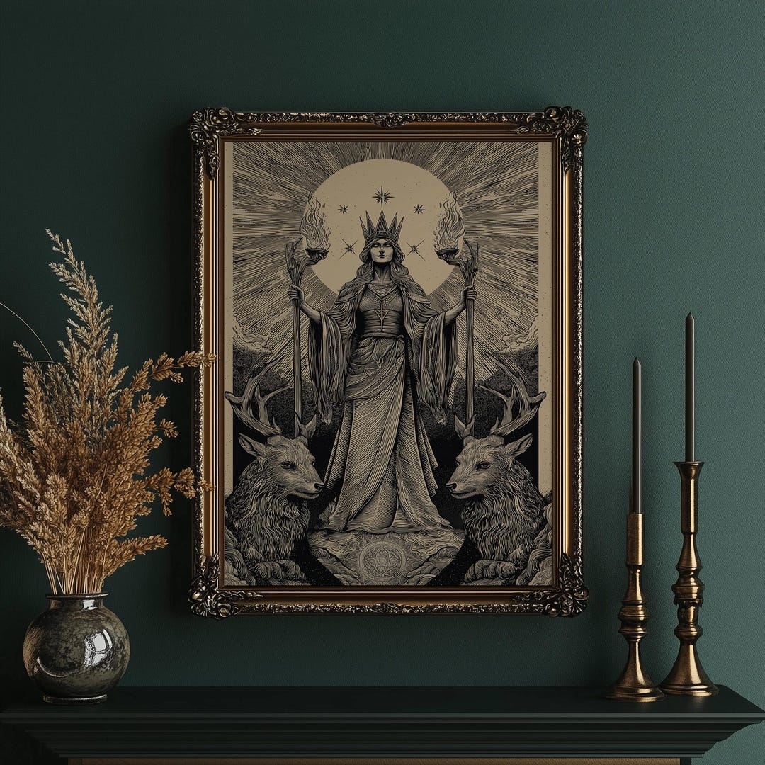 Goddess With Torches and Stags Mythic Occult Linework Art - Etsy