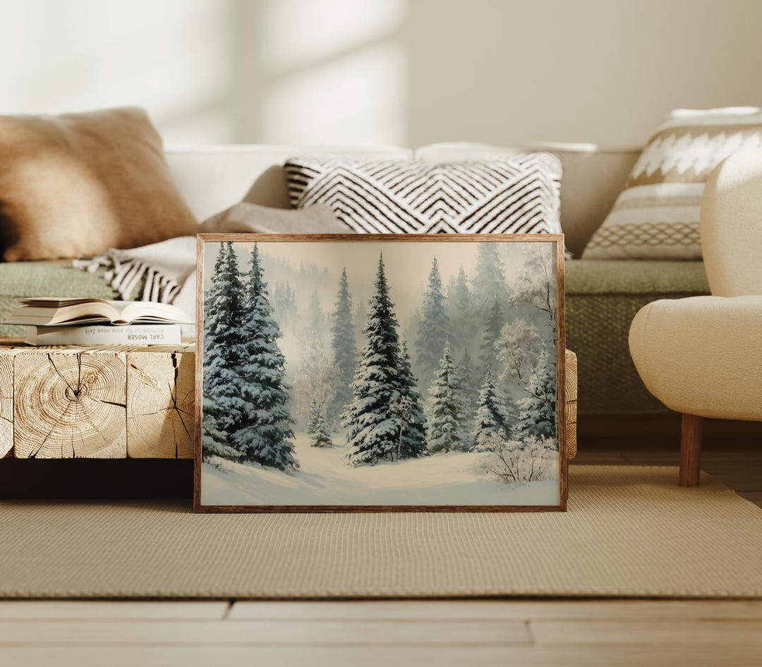Snowy Pine Forest Canvas Wall Art | Winter Woodland Landscape Painting ...