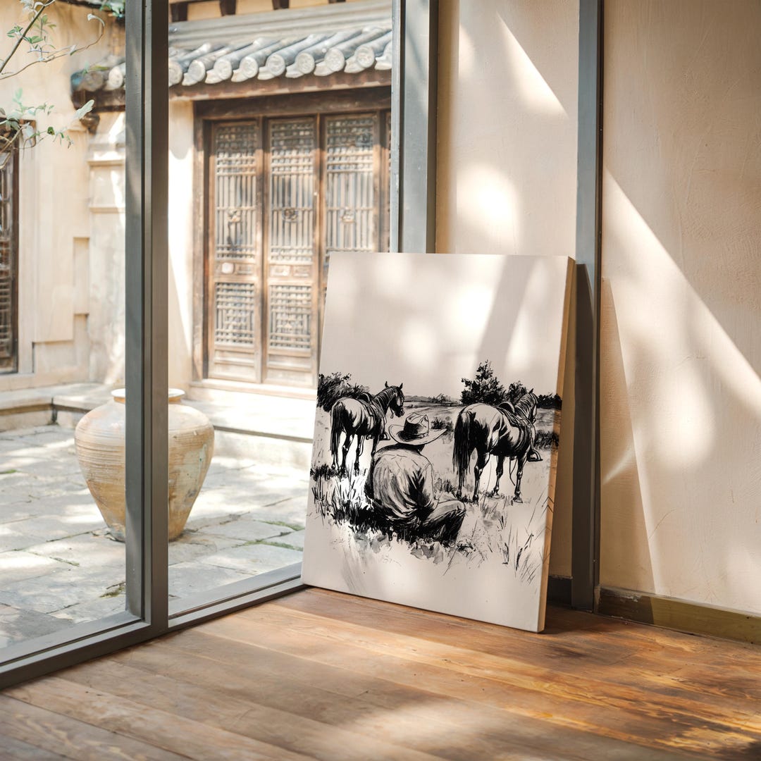 Cowboy and Horses Ink Art Canvas, Western Black and White Wall Decor ...