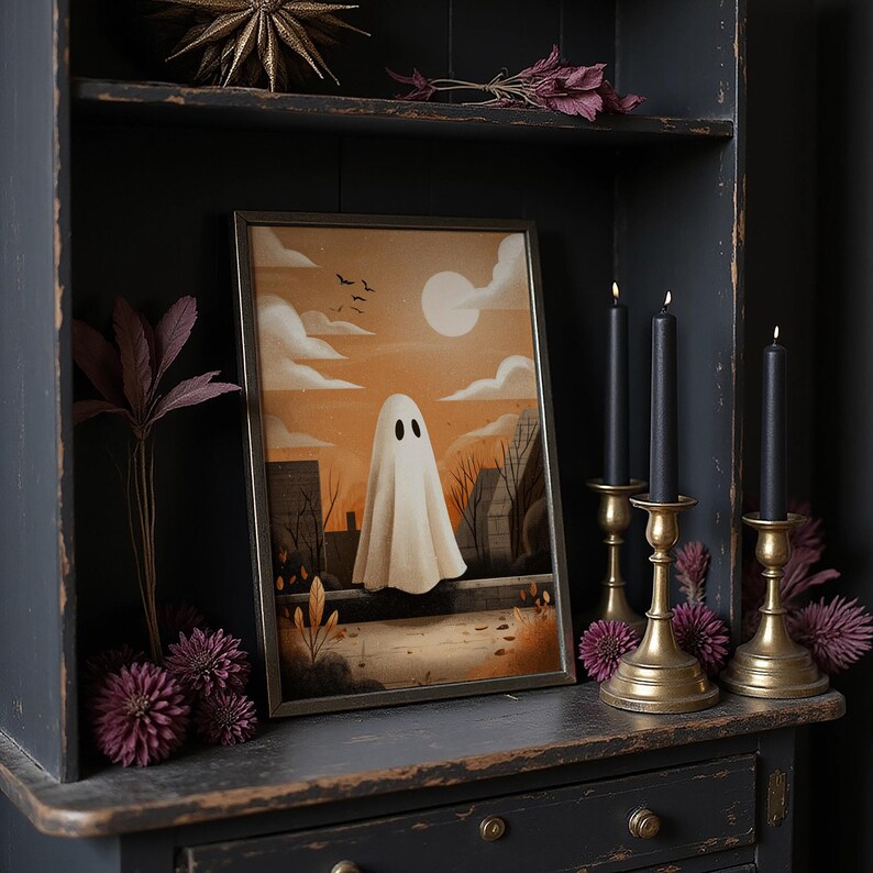 Cute Ghost Under Autumn Moon in Vintage Halloween Style - Etsy UK