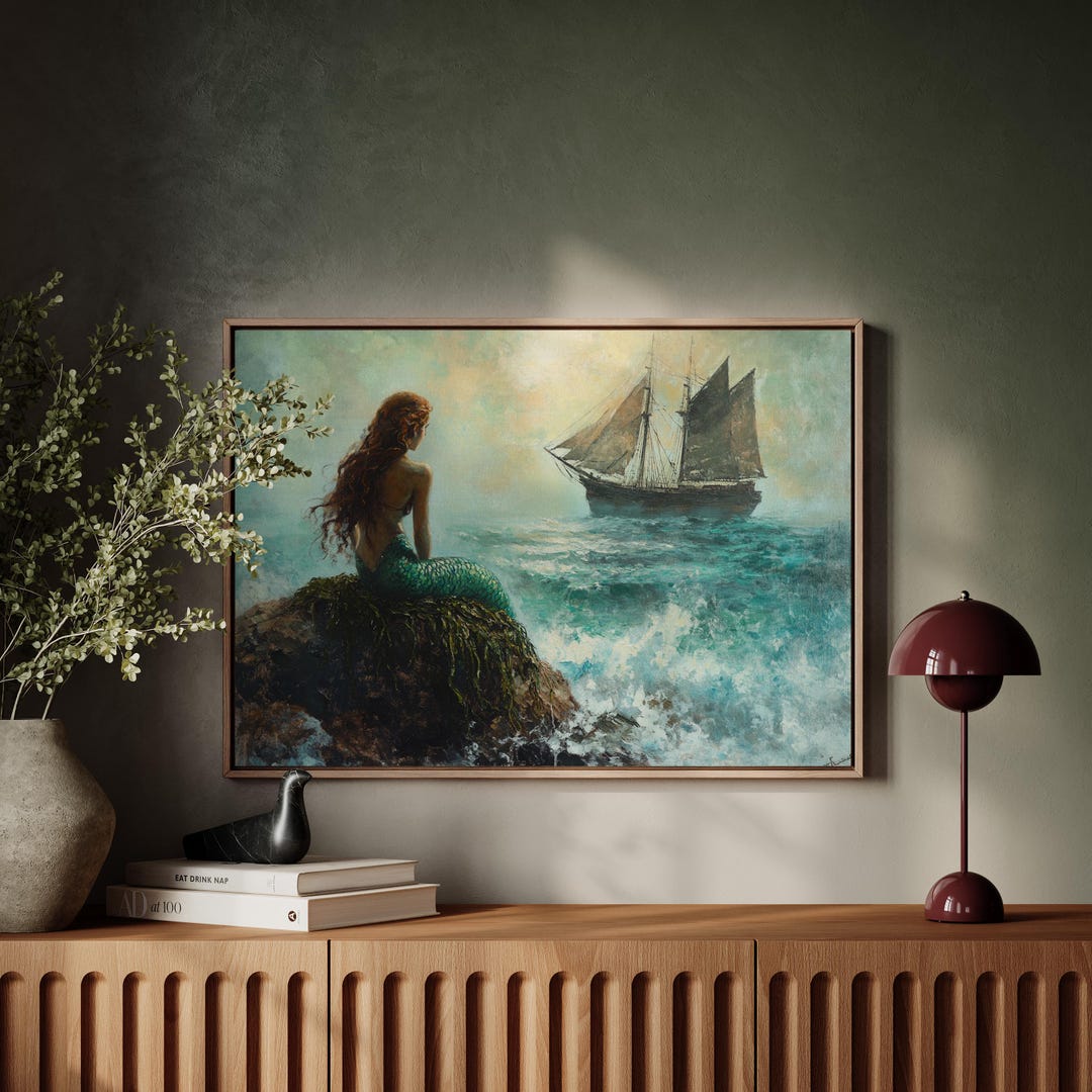 Enchanting Mermaid and Sailboat Canvas Art - Ocean Fantasy Scene ...