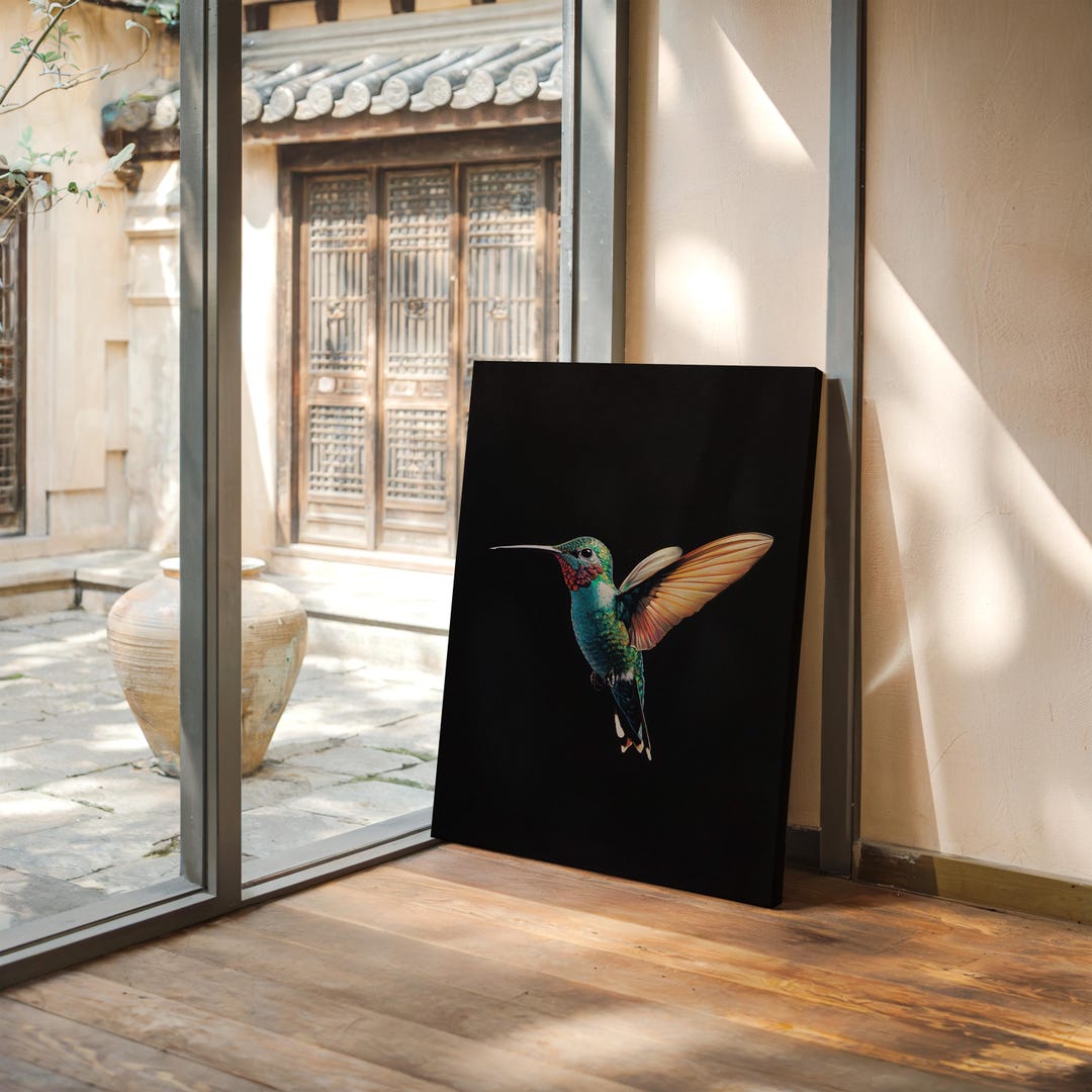 Hummingbird Canvas Wall Art, Vibrant Emerald Bird on Black Background ...