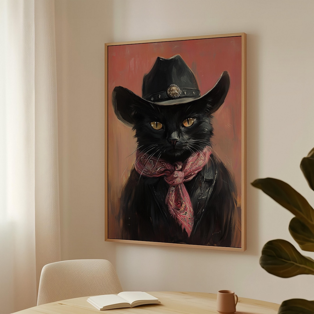 Cowboy Cat Wall Art, Black Cat Western Print, Rustic Farmhouse Decor ...