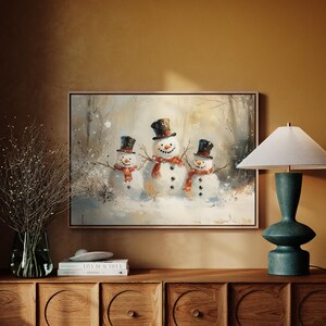 Three Snowmen Canvas Wall Art – Framed Winter Christmas Decor, Rustic ...