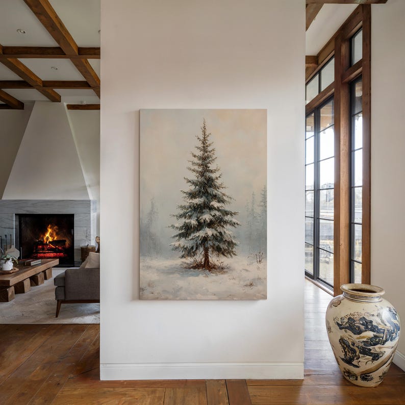 Snowy Pine Tree Canvas Wall Art – Peaceful Winter Forest Scene, Rustic ...