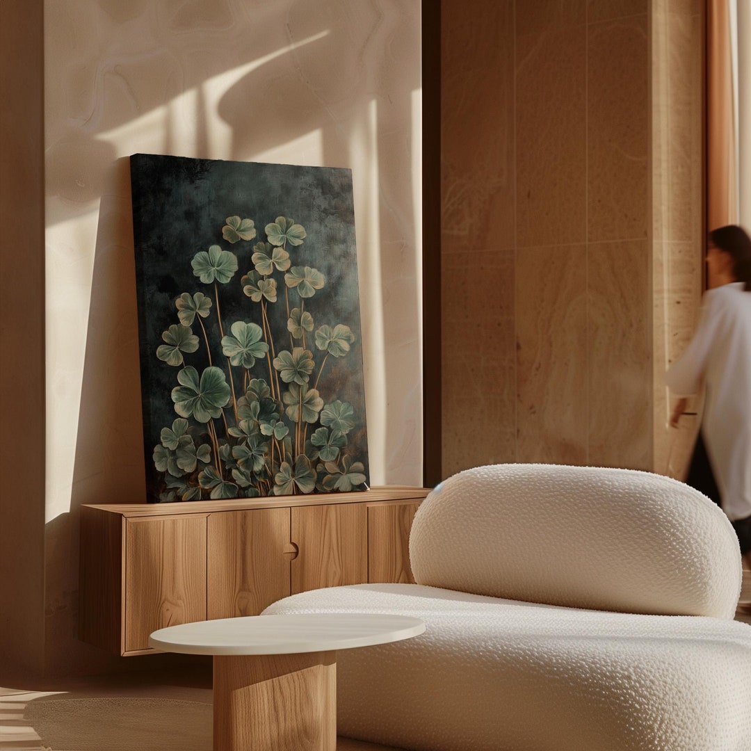 Rustic Clover Canvas Wall Art - Deep Green and Gold Botanical Painting ...