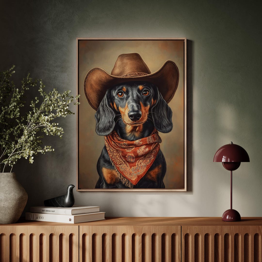 Cowboy Dachshund Wall Art, Western Dog Portrait, Rustic Country Decor ...
