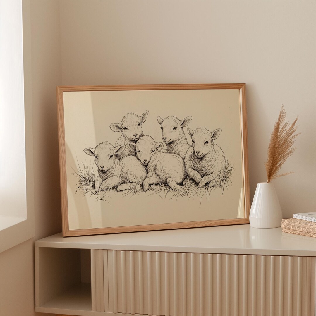 Vintage Baby Lamb Line Drawing Canvas – Farm Animal Ink Sketch Wall Art ...