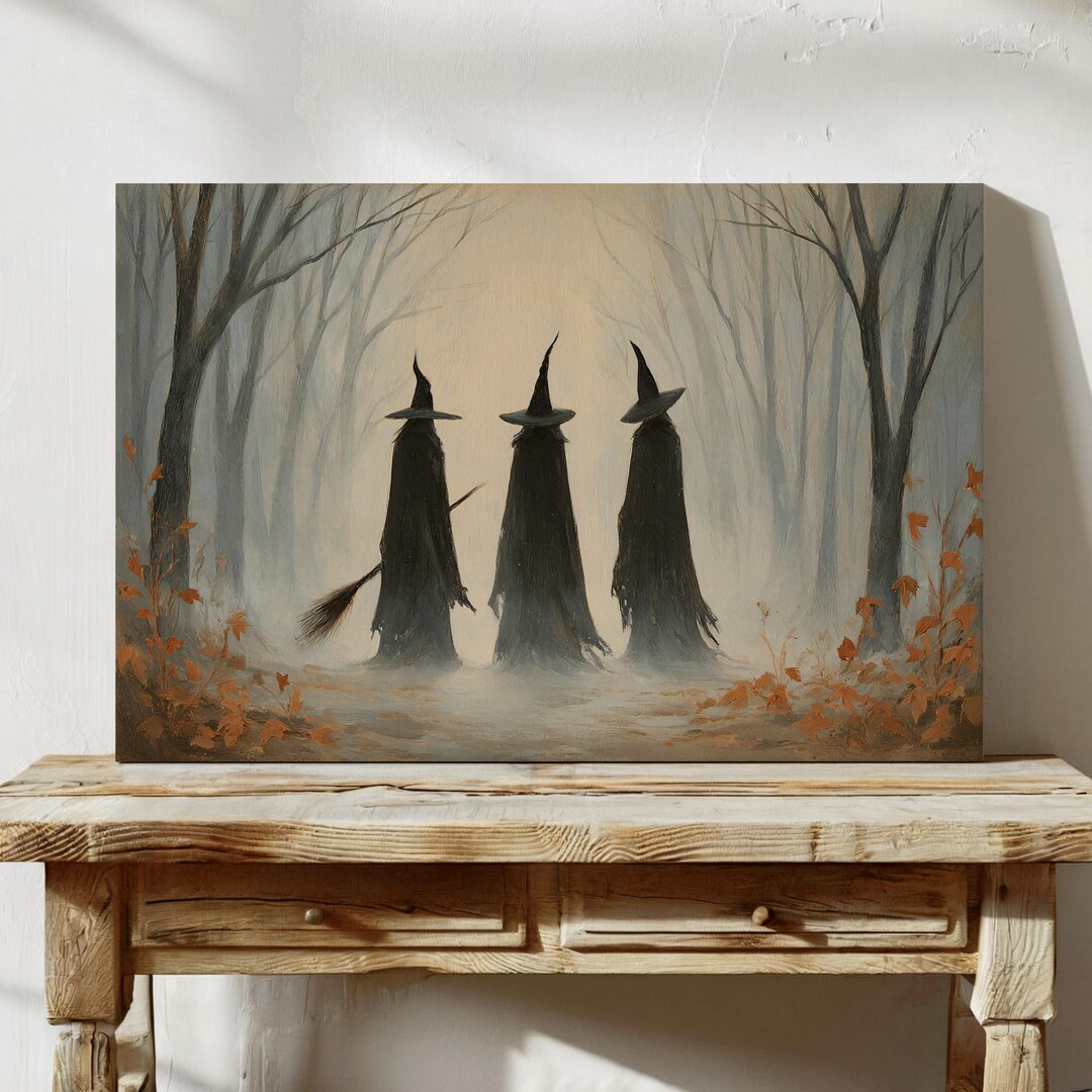 Three Witches Canvas Wall Art, Spooky Halloween Painting With Dark ...