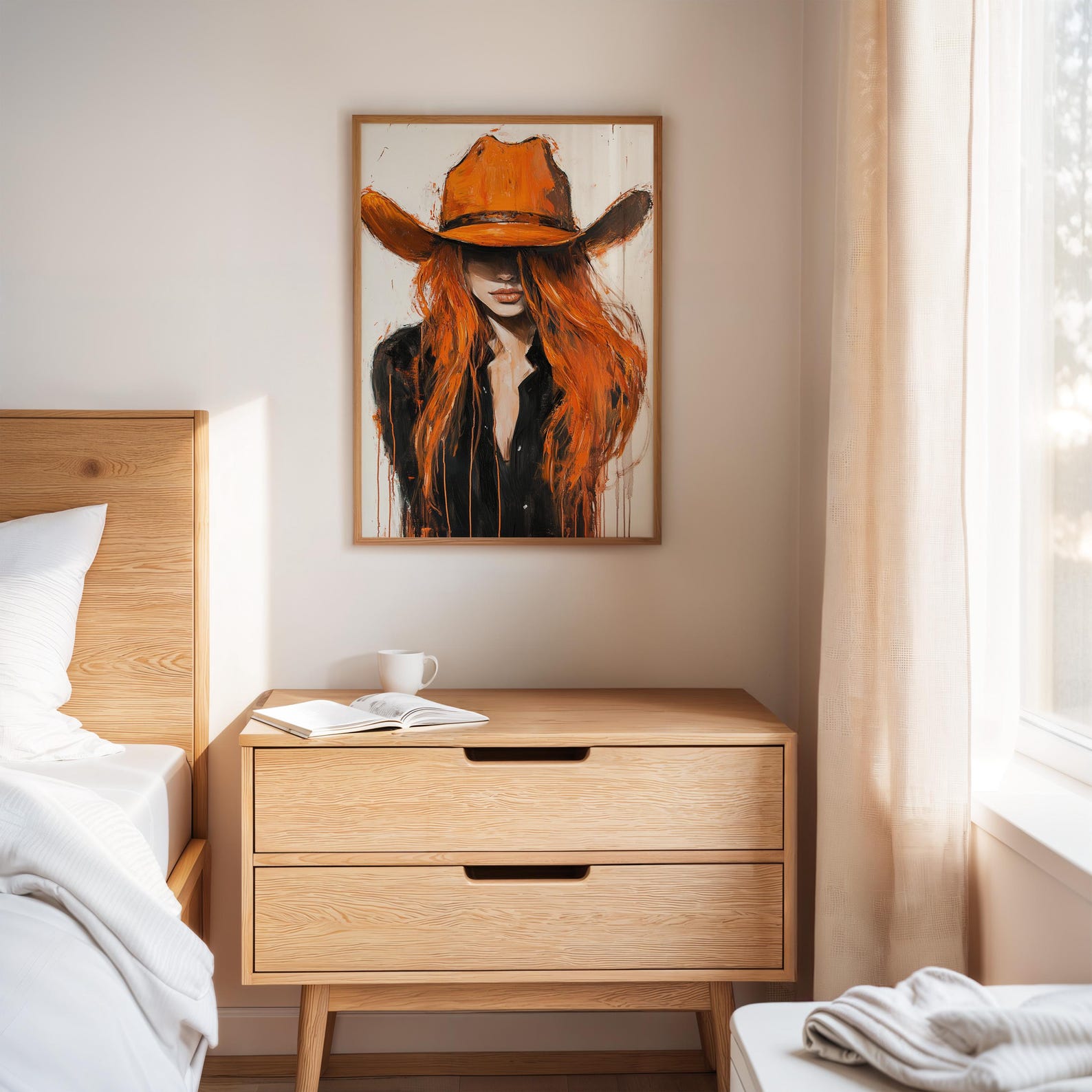 Cowgirl Canvas Wall Art - Fiery Redhead Woman in Orange Hat Western ...