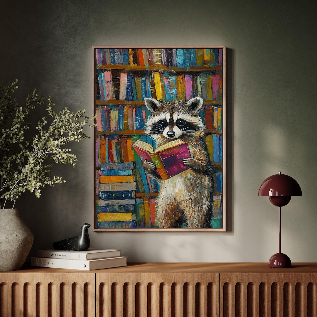 Charming Raccoon Reading Canvas | Book Lover Wall Art | Colorful ...