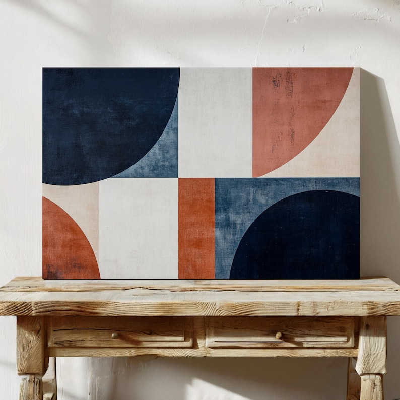 Mid Century Modern Geometric Wall Art – Abstract Navy, Rust, and White ...