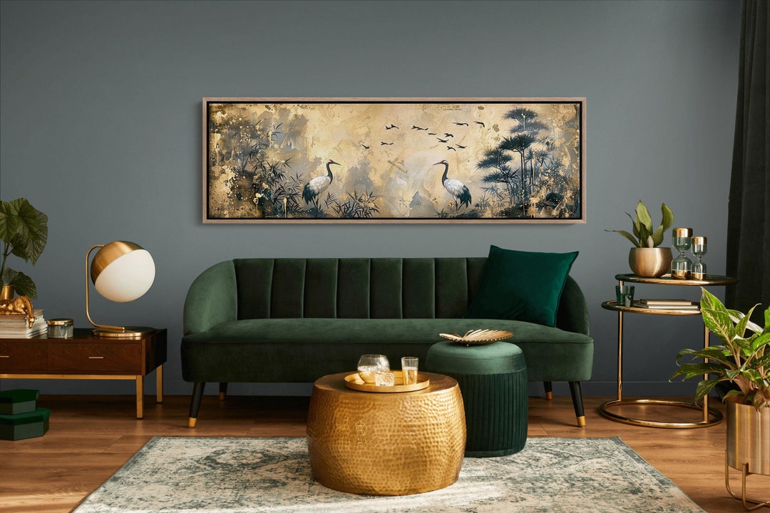 Panoramic Bamboo Cranes Gold Aesthetic Ready to Hang Panoramic Canvas ...